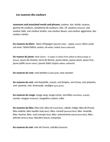 ADVANCED LEVEL FRENCH the varying nuances of colours vocabulary builder ...