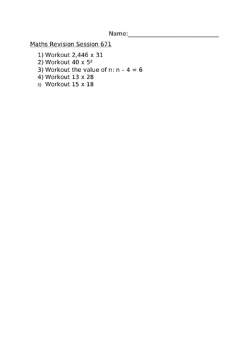 MATHS REVISION WORKSHEET 671 | Teaching Resources