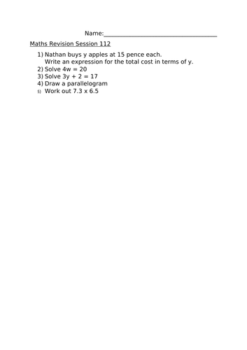 MATHS REVISION WORKSHEET 112 | Teaching Resources