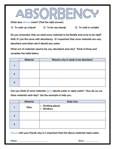 Absorbency Worksheet | Teaching Resources
