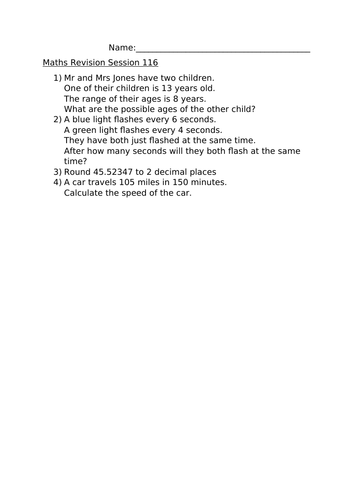 MATHS REVISION WORKSHEET 116 | Teaching Resources