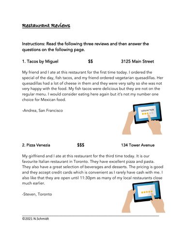 Restaurant Reviews English Reading + Writing Assignment (ESL/EFL/ELL ...