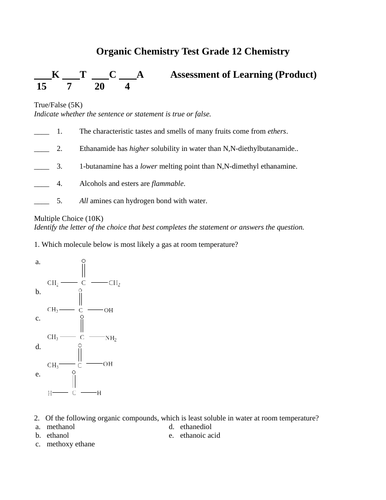 FREE ORGANIC CHEMISTRY TEST Grade 12 Chemistry Test Organic Chemistry ...