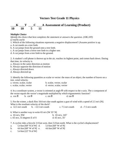 FREE VECTOR'S TEST Uniform Motion and Vectors Test Grade 11 Physics ...