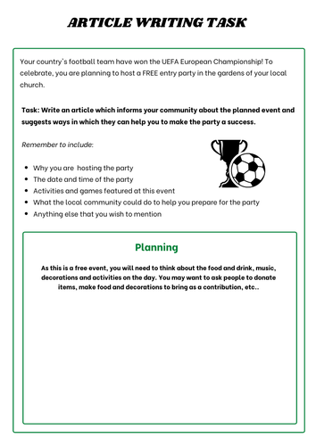 The Euros Football English Writing Article Writing Task | Teaching ...