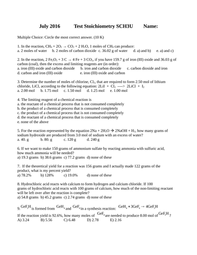 Solid Stoichiometry Test Package Grade 11 Chemistry | Teaching Resources