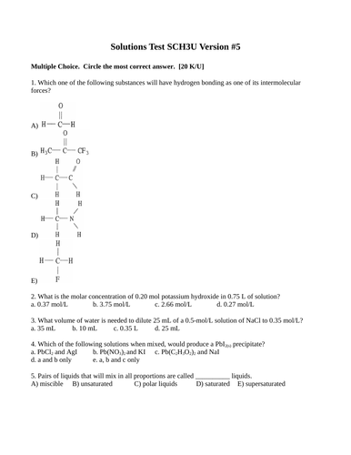Solutions Test Package Grade 11 Chemistry Version #5 | Teaching Resources
