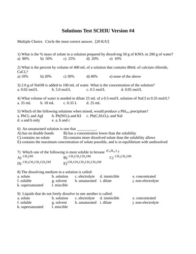 Solutions Test Package Grade 11 Chemistry Version #4 | Teaching Resources