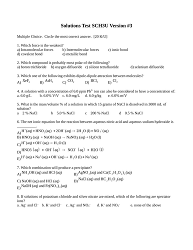 Solutions Test Package Grade 11 Chemistry Version #3 | Teaching Resources