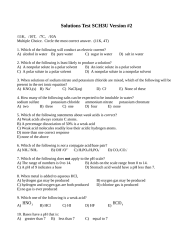 Solutions Test Package Grade 11 Chemistry Version #2 | Teaching Resources