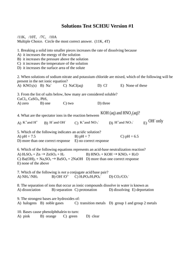 Solutions Test Package Grade 11 Chemistry Version #1 | Teaching Resources