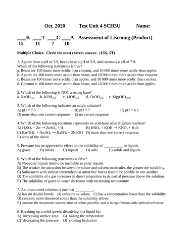 Solutions Test #6 Grade 11 Chemistry | Teaching Resources