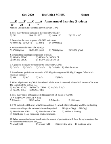 Grade 11 Chemistry Formula Sheet