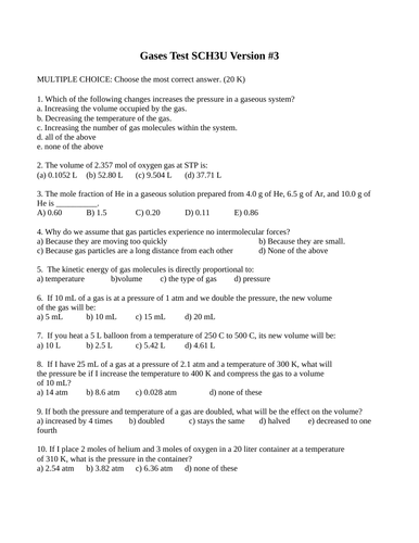 Gases Test Package Grade 11 Chemistry Version #3 | Teaching Resources