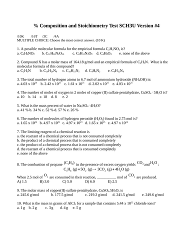 % Composition and Stoichiometry Test Package Grade 11 Chemistry Version ...