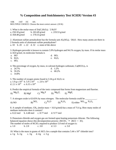 % Composition and Stoichiometry Test Package Grade 11 Chemistry Version ...