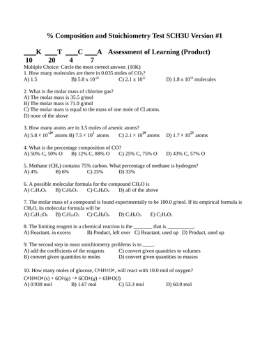 % Composition and Stoichiometry Test Package Grade 11 Chemistry Version ...