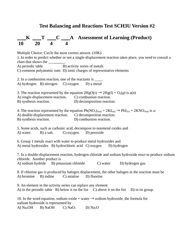 Balancing and Reactions Test Package Grade 11 Chemistry Version #2 ...