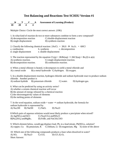 Balancing and Reactions Test Package Grade 11 Chemistry Version #1 ...