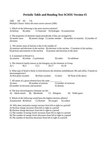 Periodic Table and Bonding Test Package Grade 11 Chemistry Version #5 ...