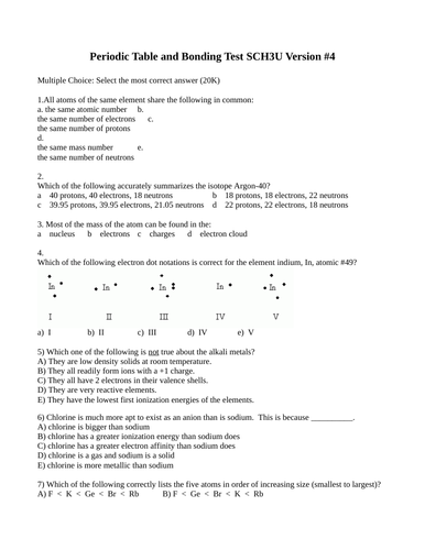 Periodic Table and Bonding Test Package Grade 11 Chemistry Version #4 ...
