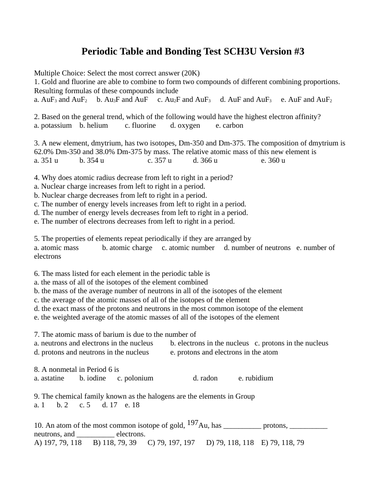 Periodic Table and Bonding Test Package Grade 11 Chemistry Version #3 ...