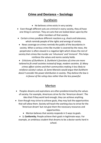 GCSE Sociology Notes on Durkheim and Merton - Crime and Deviance ...