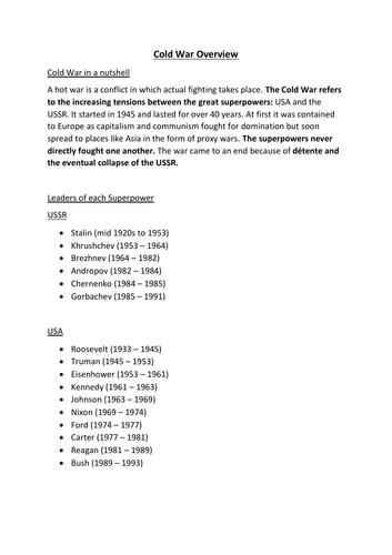 Cold War Complete Overview - Edexcel | Teaching Resources