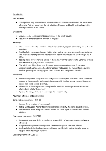 Revision notes on Social Policy in Families and Households | Teaching ...