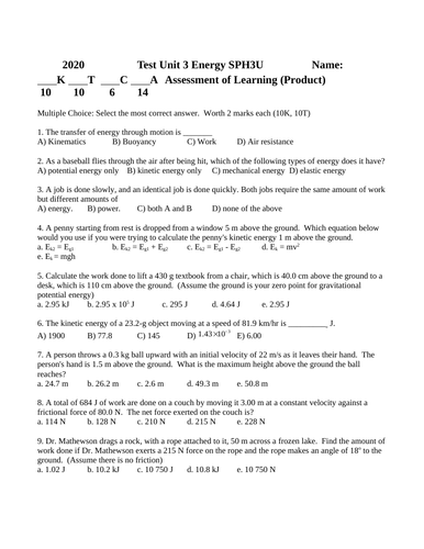 Energy Test #6 Grade 11 Physics | Teaching Resources