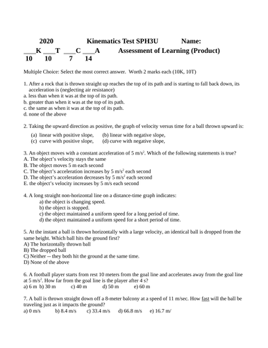 Kinematics Test #6 Grade 11 Physics | Teaching Resources