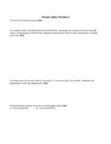 Kinematics and Motion, Quizzes and Test Package Grade 11 Physics ...