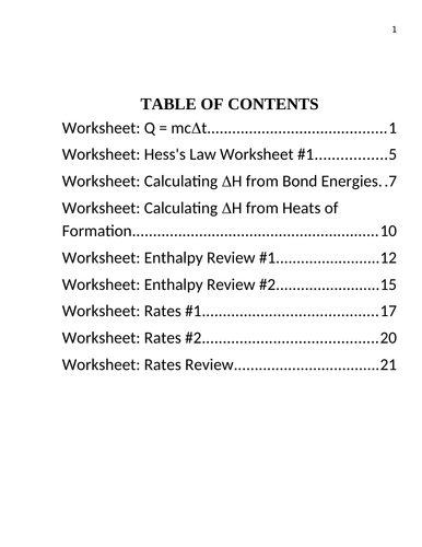 9 WORKSHEETS Grade 12 Chemistry Enthalpy and Rates Unit WITH ANSWERS ...
