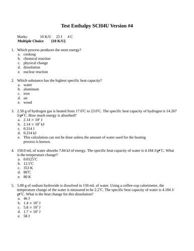 Enthalpy and Rates Test Package Grade 12 Chemistry Version #4 ...