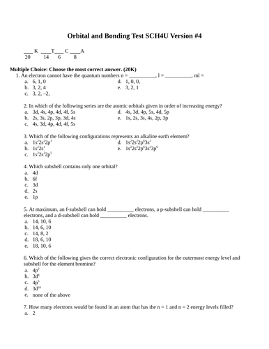 Orbital and Bonding Test Package Grade 12 Chemistry Version #4 ...
