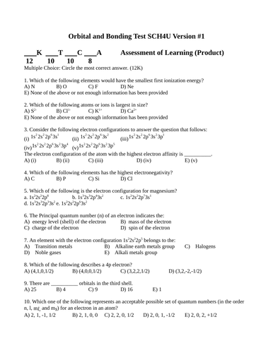Orbital and Bonding Test Package Grade 12 Chemistry Version #1 ...