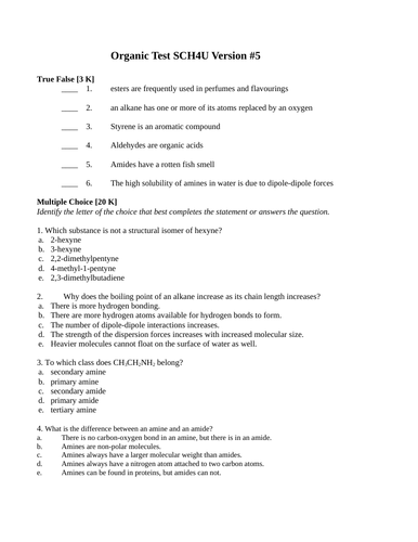 Organic Chemistry Test Package Grade 12 Chemistry Version #5 | Teaching ...