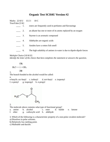 Organic Chemistry Test Package Grade 12 Chemistry Version #2 | Teaching ...