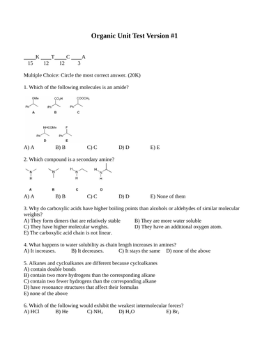 Organic Chemistry Test Package Grade 12 Chemistry Version #1 | Teaching ...