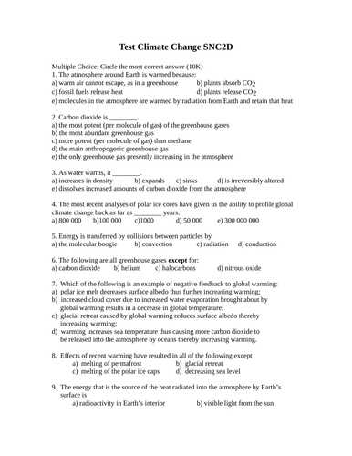 2 CLIMATE CHANGE UNIT TESTS WITH ANSWERS Test Package Grade 10 Science ...