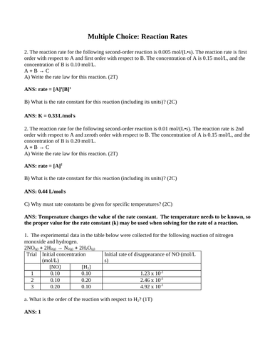 RATE OF REACTIONS SHORT ANSWER Grade 12 Chemistry Reaction Rates (26 ...