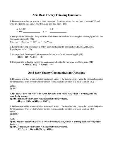 ACIDS BASES SHORT ANSWER Grade 12 Chemistry pH, pOH, Ka, Kb, titrations ...