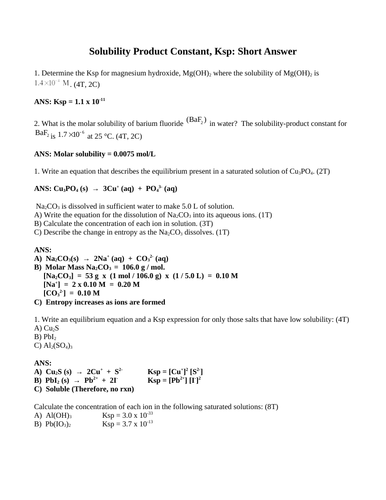 Precipitates and Ksp SOLUBILITY PRODUCT CONSTANT Short Answer Grade 12 ...