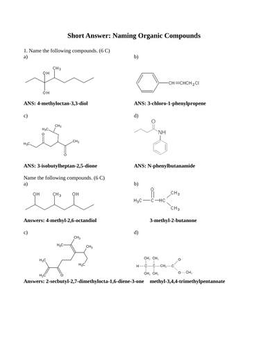 NAMING ORGANIC COMPOUNDS Organic Naming Short Answer Grade 12 Chemistry ...