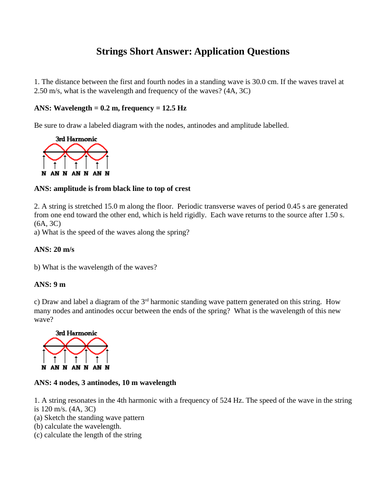 WAVES IN STRINGS, RESONANCE, HARMONICS Short Answer Grade 11 Physics ...
