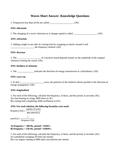 MECHANICAL WAVES SHORT ANSWER Grade 11 Physics Theory and Calculations ...