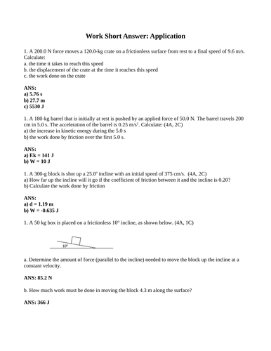 KINETIC & POTENTIAL ENERGY, WORK & Energy Transfer Short Answer Grade ...