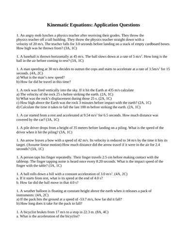 MOTION, ACCELERATION, KINEMATIC EQUATIONS Short Answer Grade 11 Physics ...