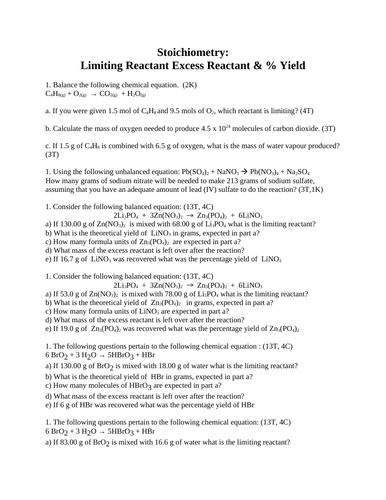 STOICHIOMETRY Limiting & Excess Reactant % Yield Short Answer Grade 11 ...