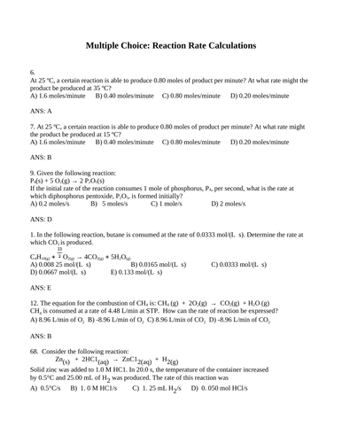 CALCULATING REACTION RATES Multiple Choice Grade 12 Chemistry WITH ...